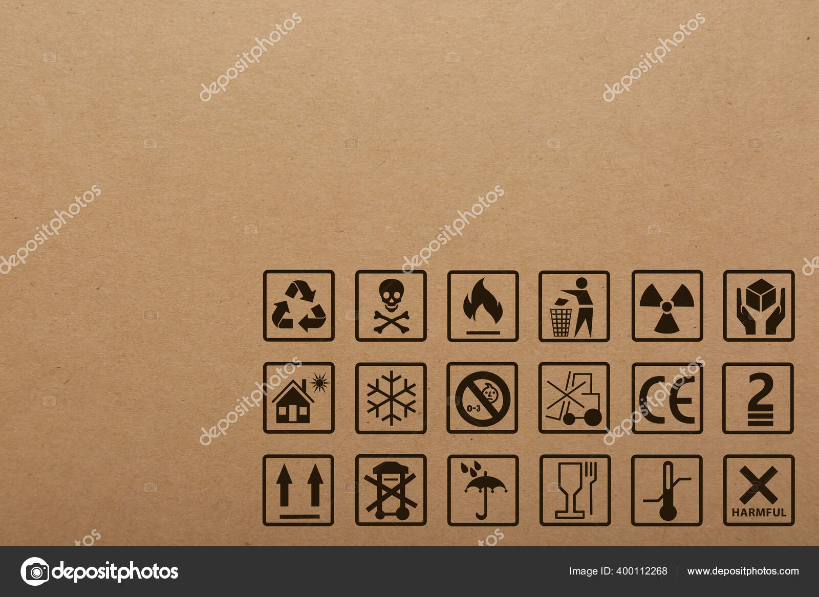 Cardboard Box Packaging Symbols Background Closeup — Stock Photo ...
