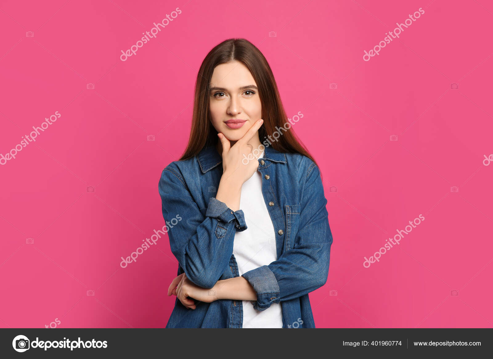Pensive Woman Pink Background Thinking Answer Question — Stock Photo ...