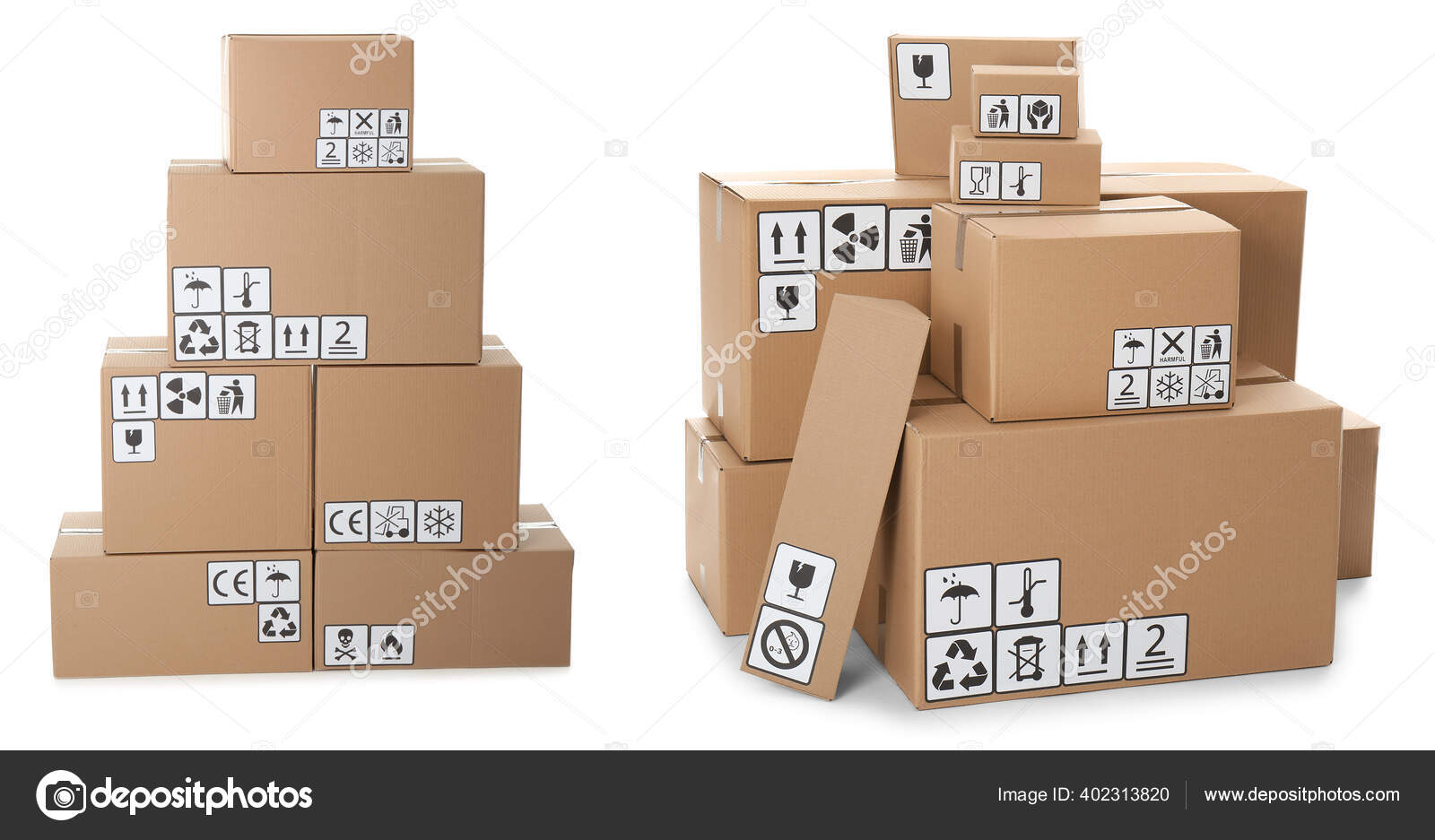 Conjunto Cajas Cartón Con Símbolos Embalaje Sobre Fondo Blanco Diseño ...