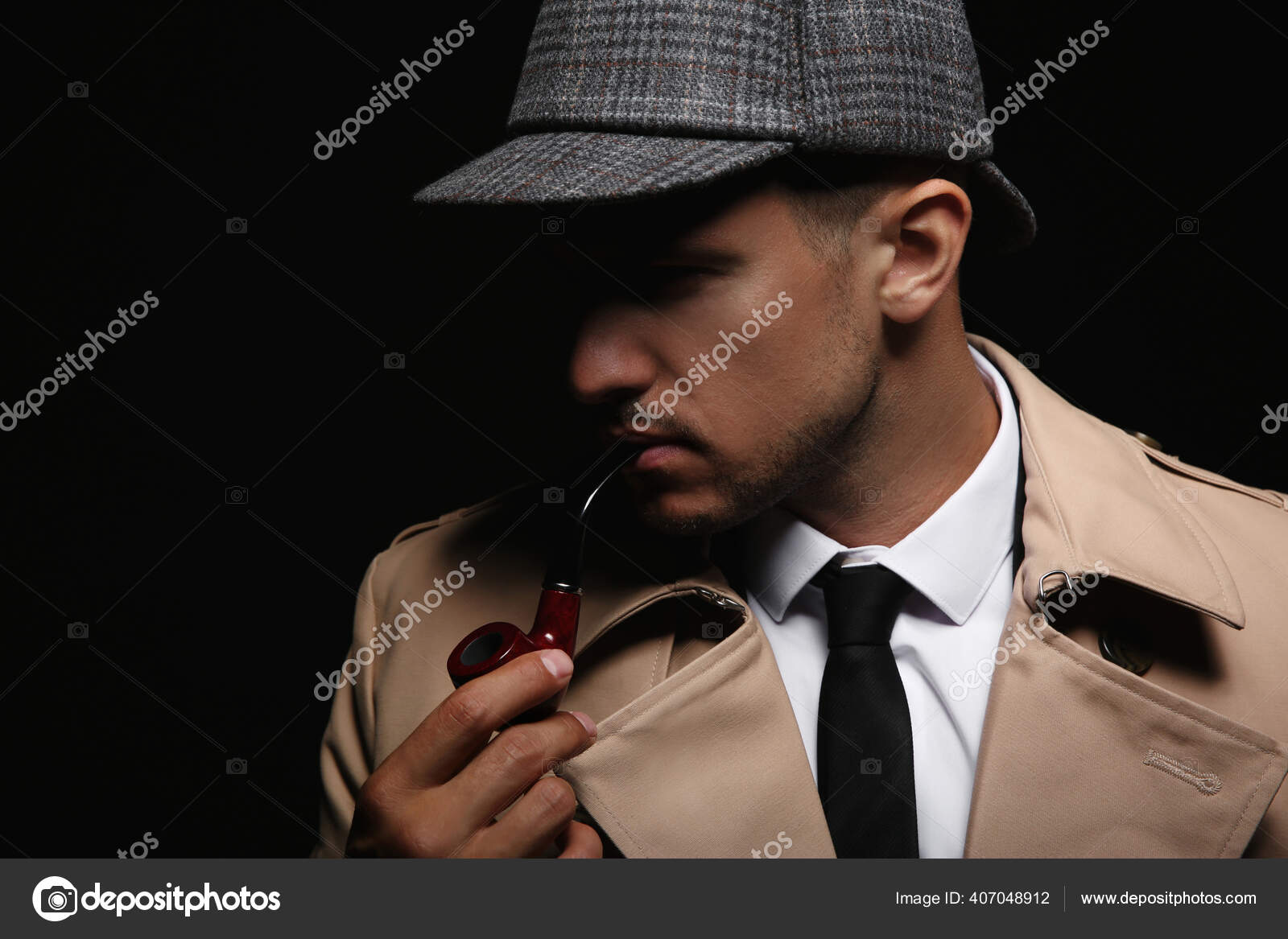 Old Fashioned Detective Smoking Pipe Dark Background Closeup Stock ...