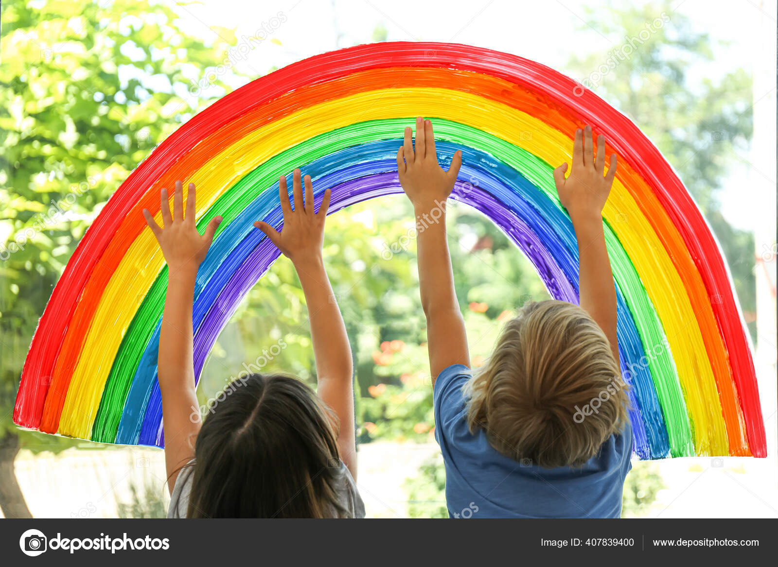Children Touching Picture Rainbow Window Stay Home Concept Stock Photo ...