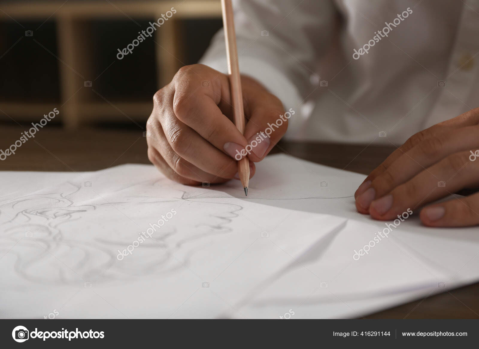 Man Drawing Portrait Pencil Sheet Paper Table Closeup — Stock Photo ...