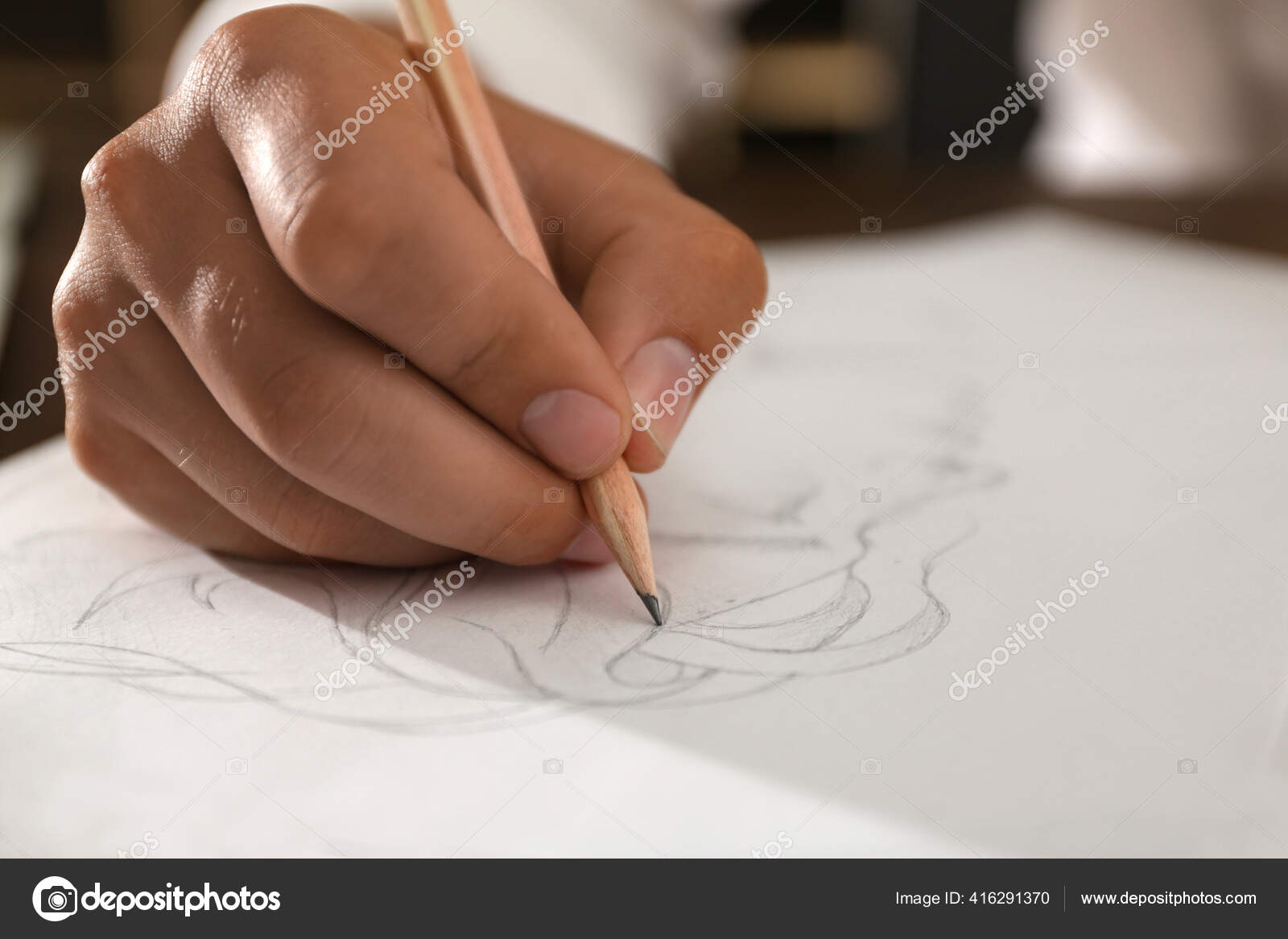 Man Drawing Portrait Pencil Sheet Paper Closeup — Stock Photo ...
