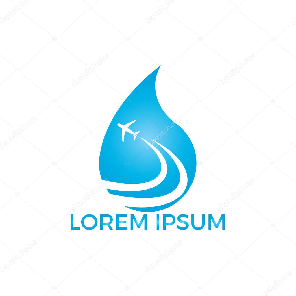 Gota de agua y diseño del logotipo del avión. Soltar y viajar símbolo o ...