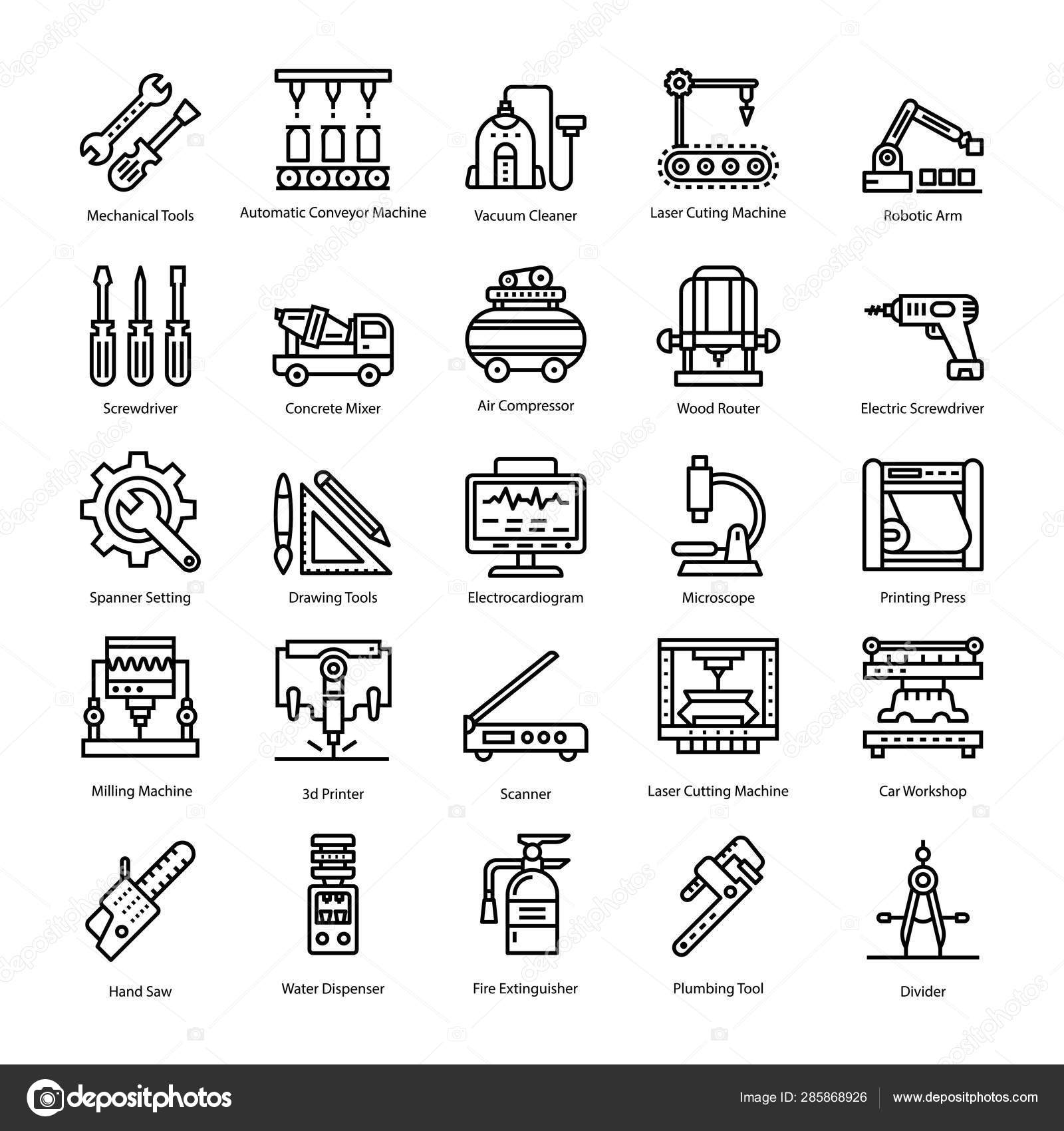 Pack Containing Technical Tools Machine Line Icons Set Make Your Stock ...