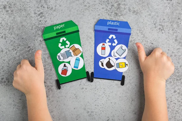 Recycling game design for children girl hands ecology education waste ...