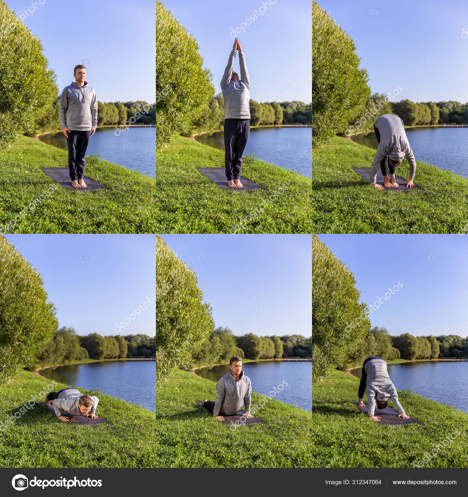 Collage of several photos on the topic of yoga. Man doing yoga asanas ...