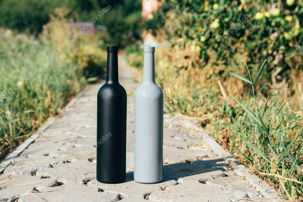 dos botellas negras y grises en la carretera de los azulejos, el pueblo ...