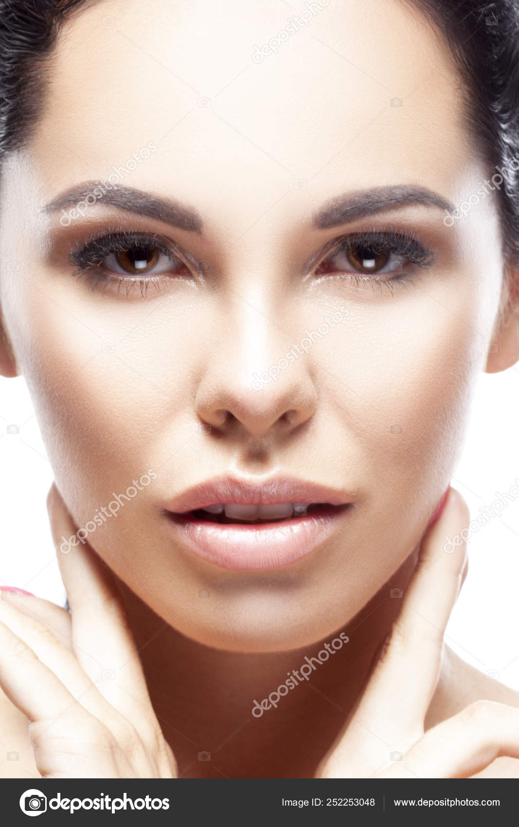 Portrait Brunette Woman Natural Makeup Tender Smile Face White ...