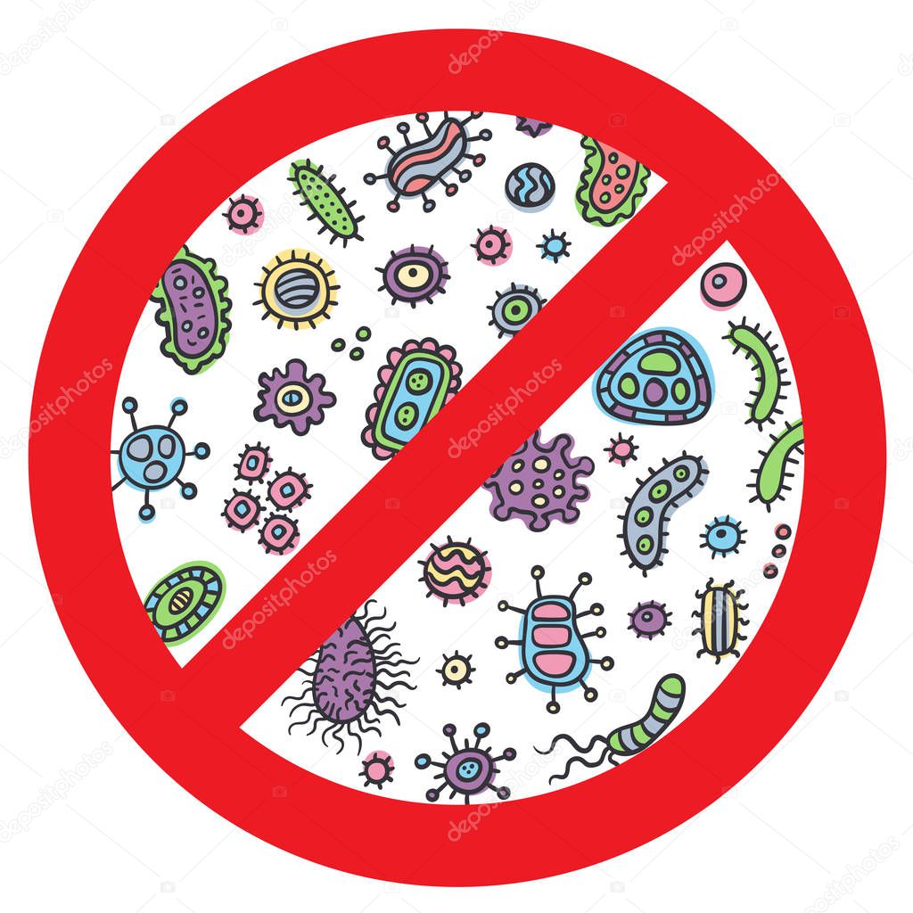 Antibacteriano, sin bacterias y antiviral icono garabato. Virus de ...