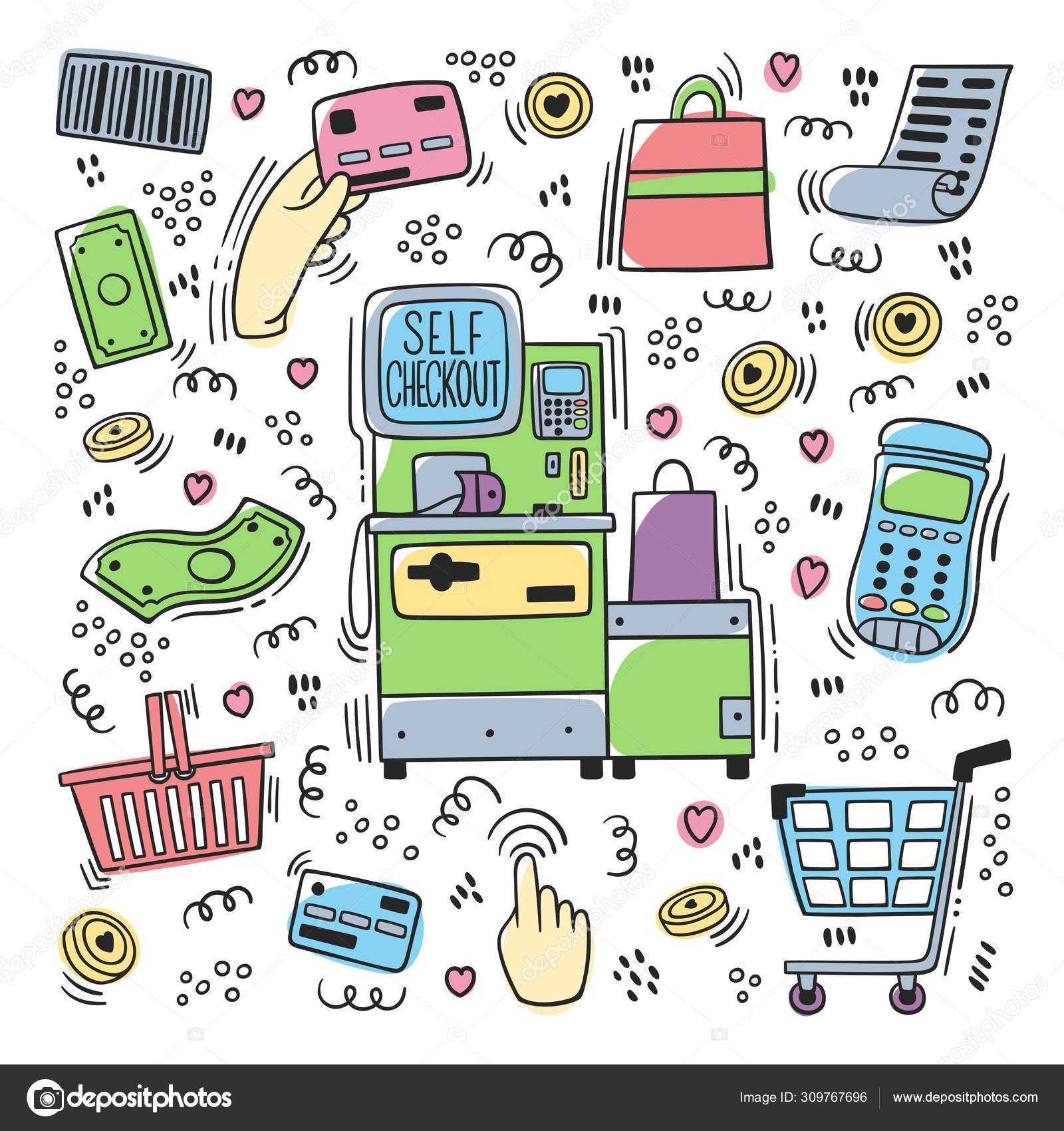 Self Service Cashier Terminal Doodle Vector Set 'Self Checkout' Shop ...