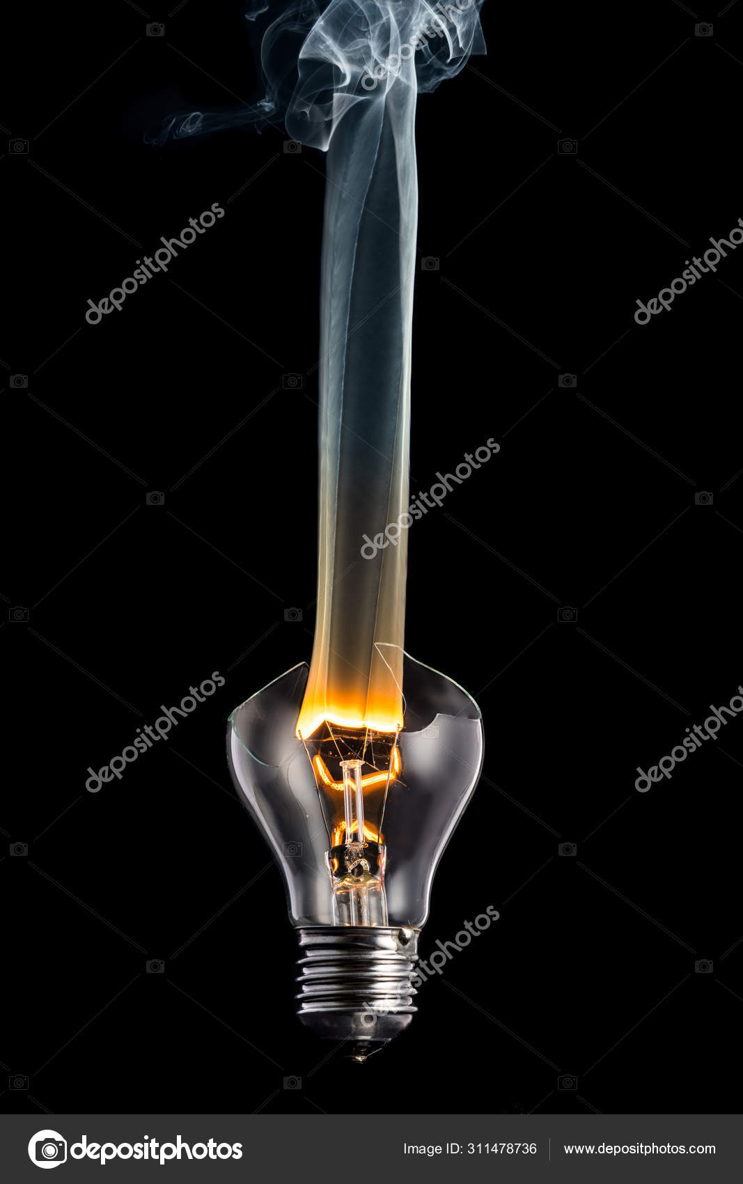 Bombilla Rota Humo Una Espiral Ardiente Sobre Fondo Negro — Foto de ...