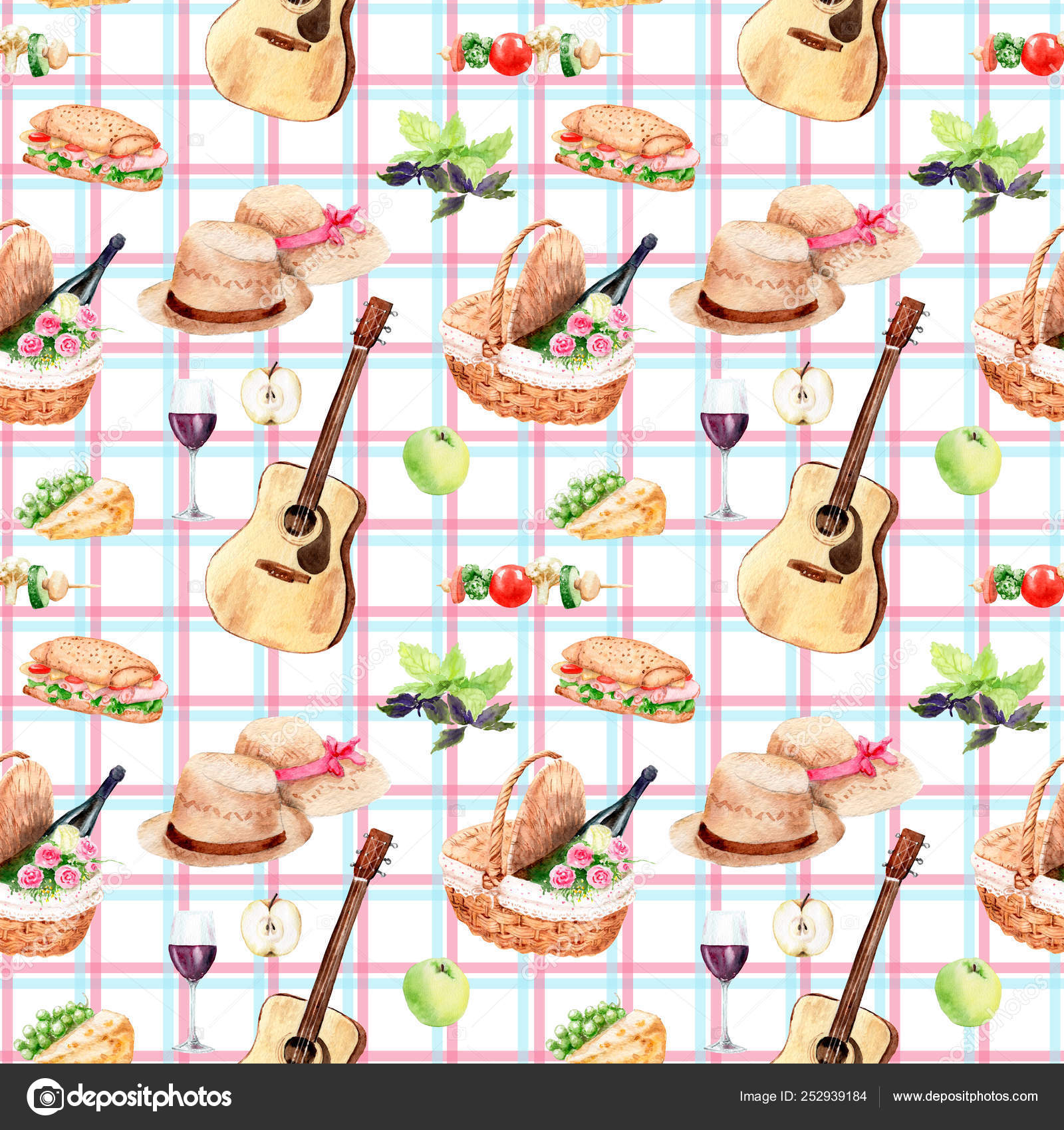 Watercolor drawings on the theme of a picnic - seamless pattern Stock ... Watercolor drawings on the theme of a picnic - seamless pattern Stock ...
