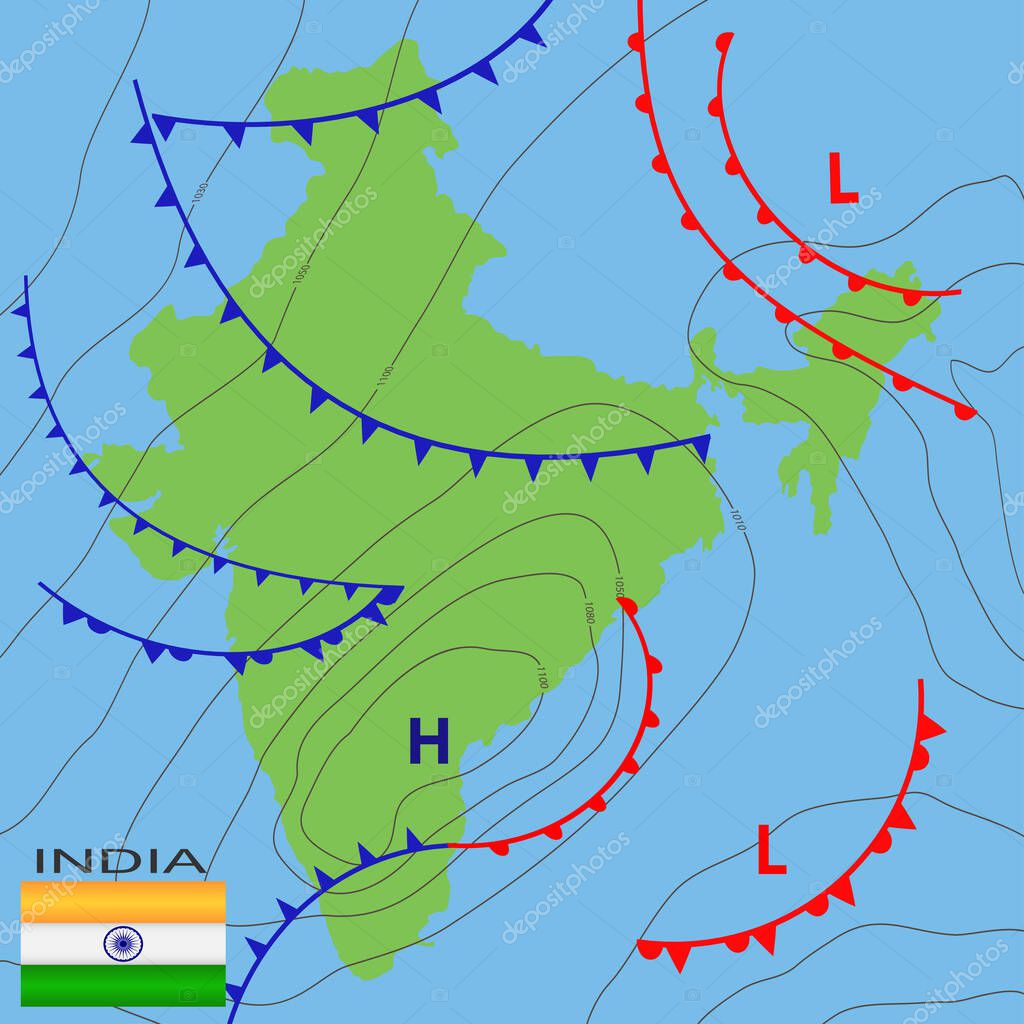 Weather map of the India. Realistic synoptic map of the India showing ...