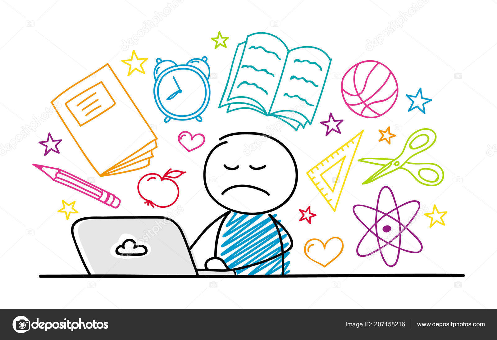 Hand Drawn School Elements Funny Stickman Working Laptop Vector Stock ...