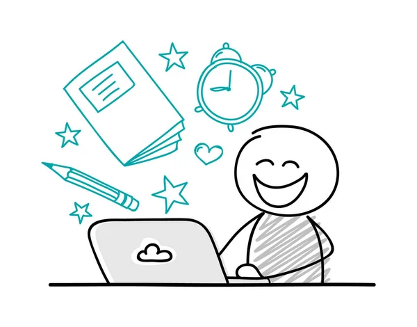 Hand Drawn School Elements Funny Stickman Working Laptop Vector Stock ...