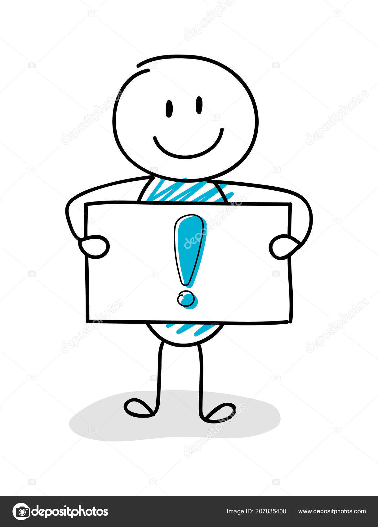 Smiley Stickman Holding Board Hand Drawn Exclamation Point Icon Vector ...