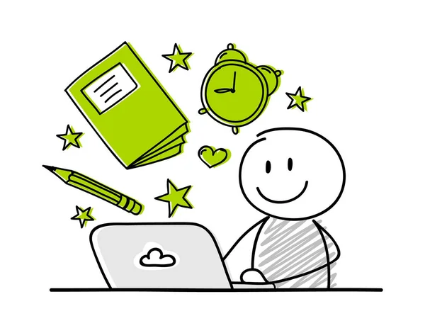 Hand Drawn School Elements Funny Stickman Working Laptop Vector Stock ...
