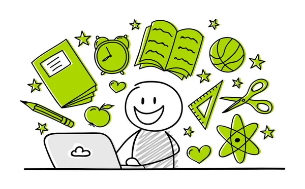 Hand Drawn School Elements Funny Stickman Working Laptop Vector Stock ...