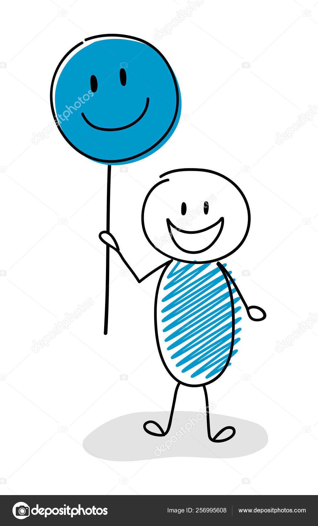 Mão Desenhado Stickman Segurando Emoticon Sorridente Vetor Vetor de ...