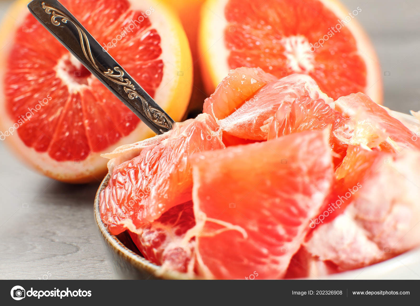 Detail Photo Peeled Grapefruit Cut Pieces Small Bowl Spoon Whole Stock ...