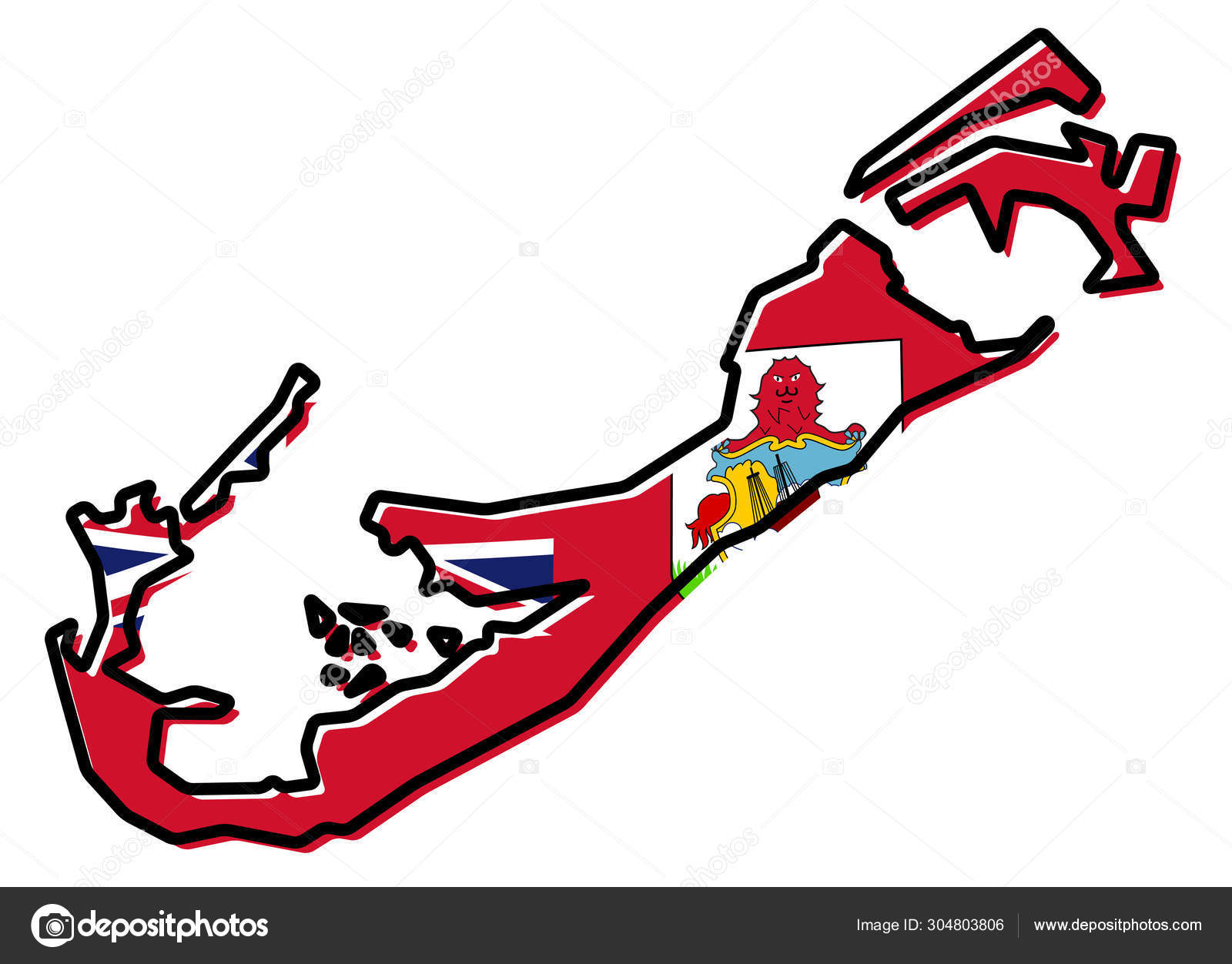 Simplified map of Bermuda outline, with slightly bent flag under Stock ...