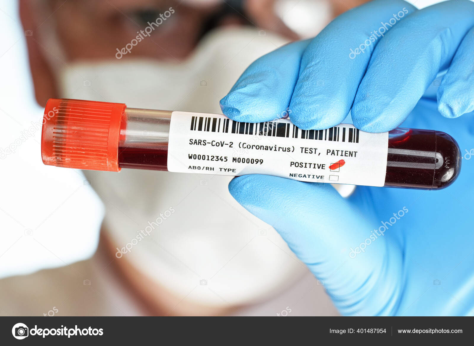 Hand Blue Gloves Holding Vial Blood Label Dummy Barcode Data Stock ...