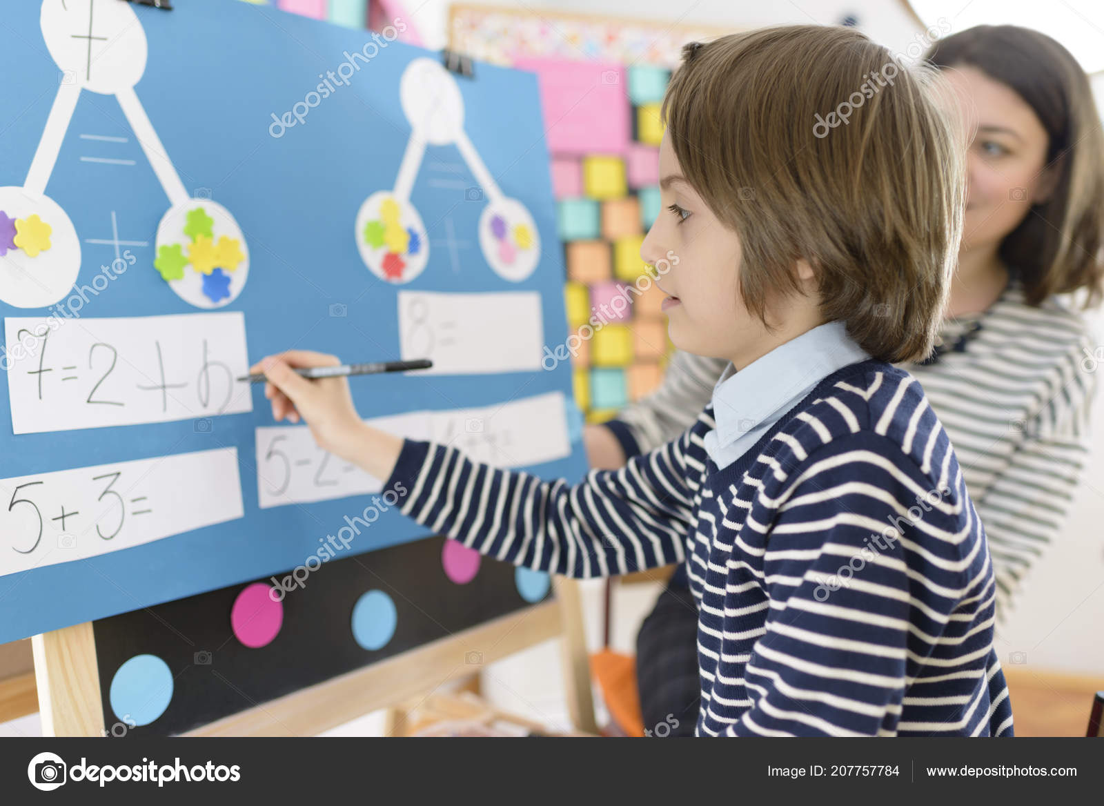 Cute Boy Solving Graphic Math Exercises Kindergarten Educator ...