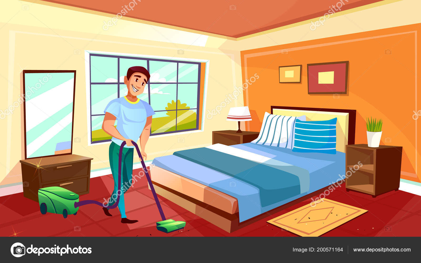 Man cleaning room with vacuum cleaner vector illustration Stock ...