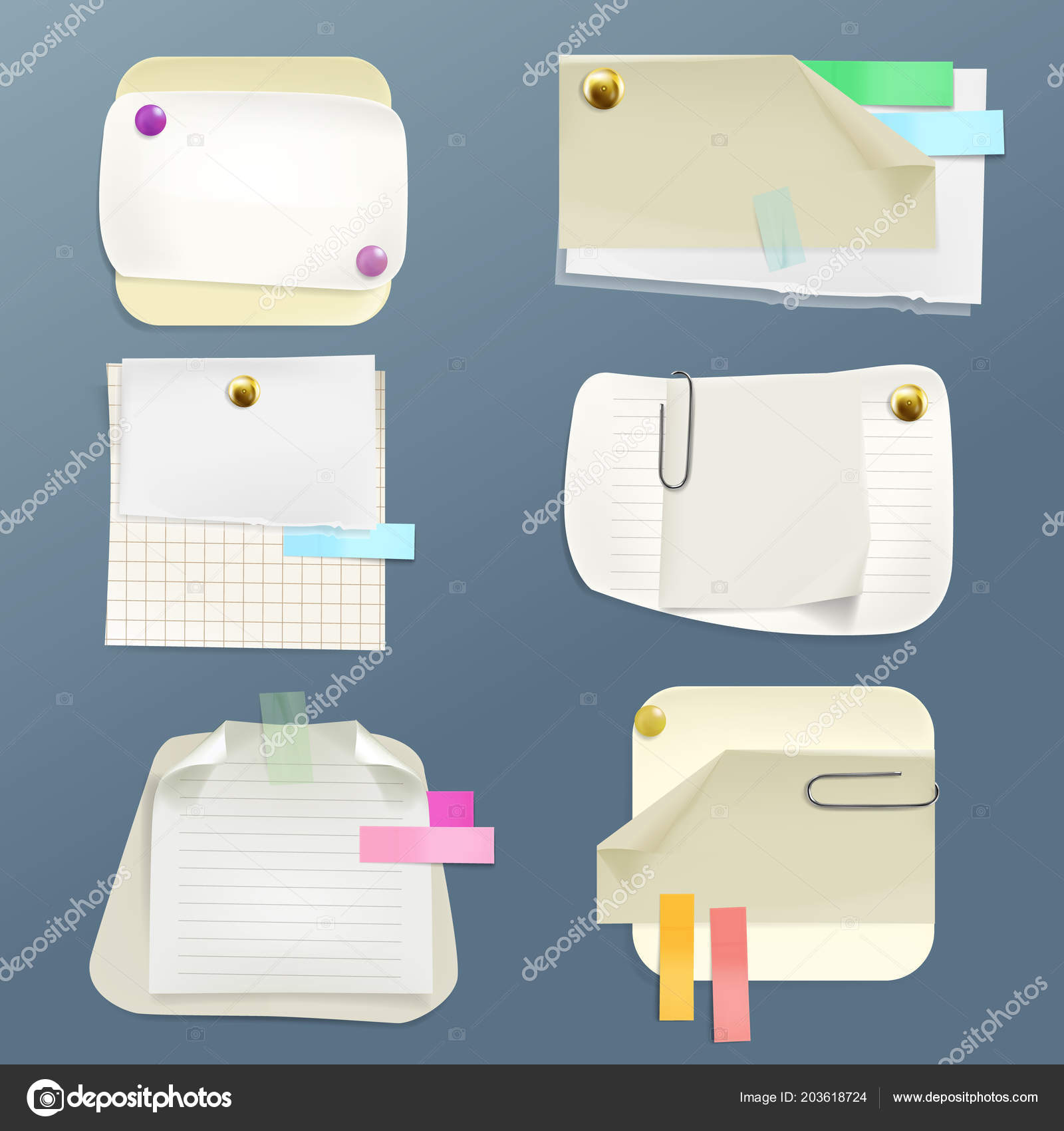 Vector note papers, sheets with pins, clips Stock Vector by ...