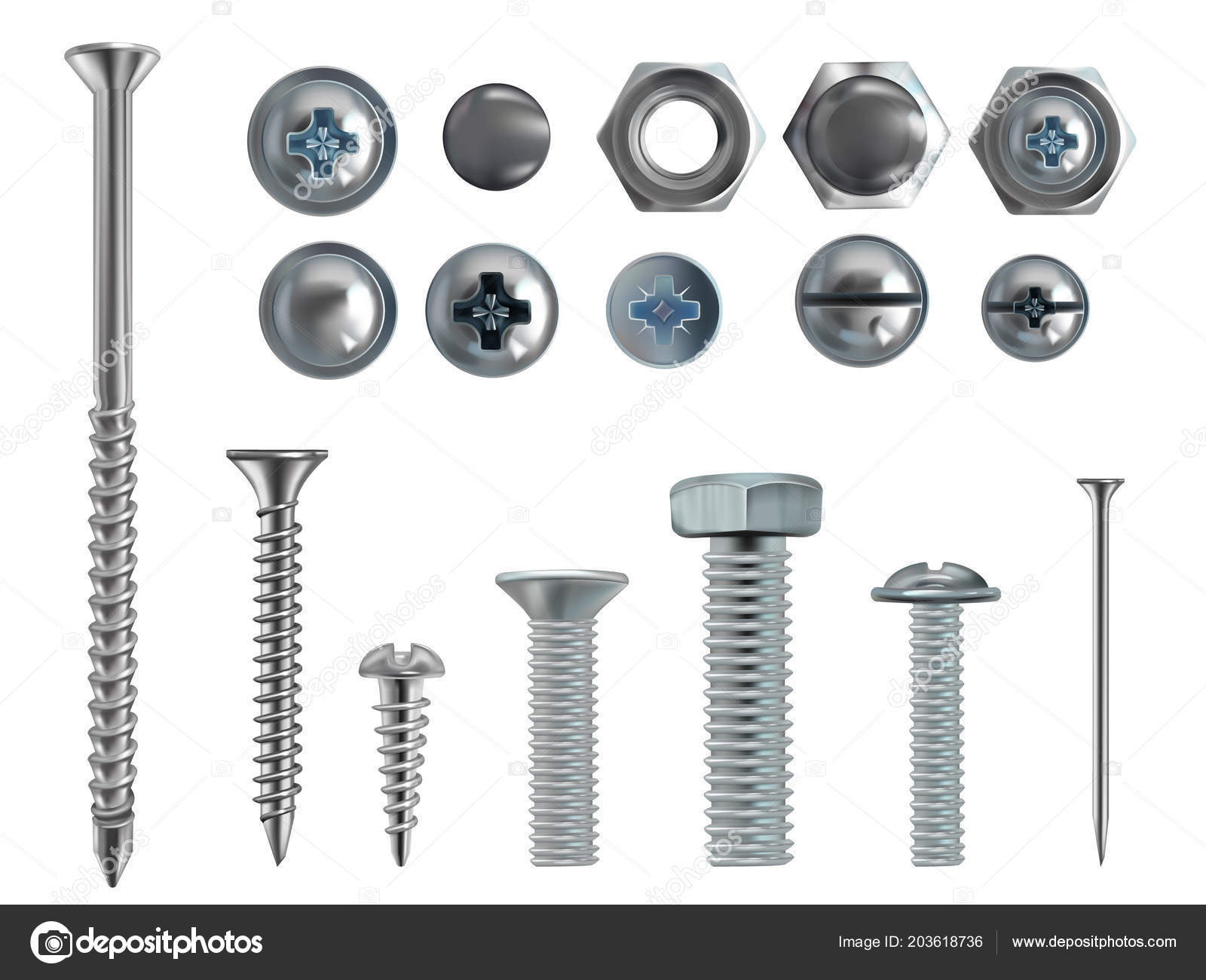 Vector 3d realistic steel bolts, nails, screws — Stock Vector ... Vector 3d realistic steel bolts, nails, screws — Stock Vector ...