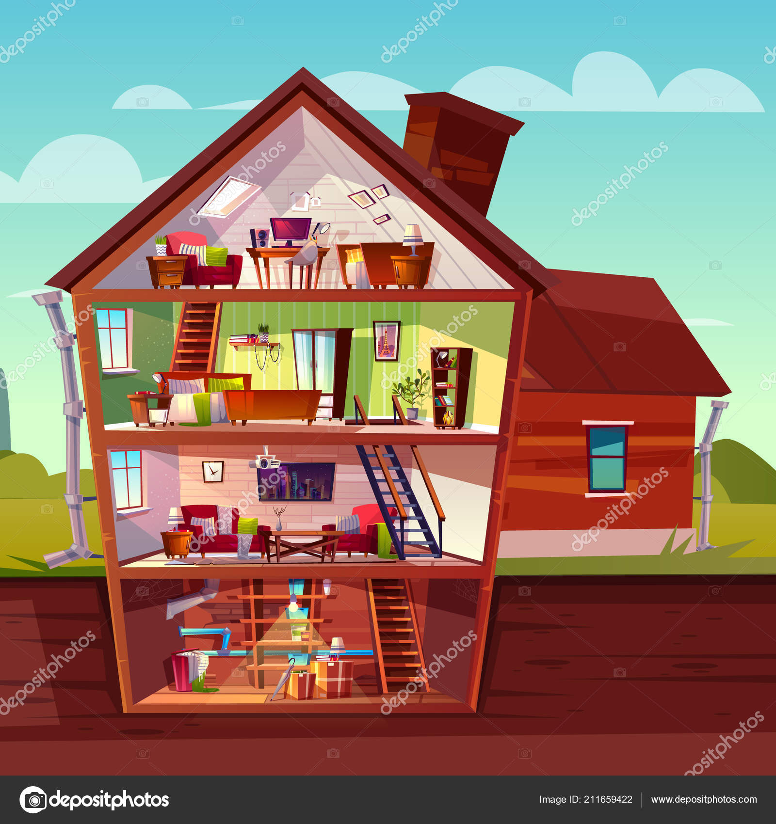 Vector cartoon multistorey house in cross section Stock Vector Image by ...