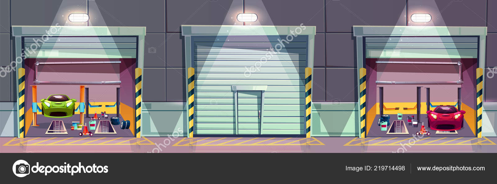 Vector cartoon mechanic workshop with car, garage Stock Vector Image by ...