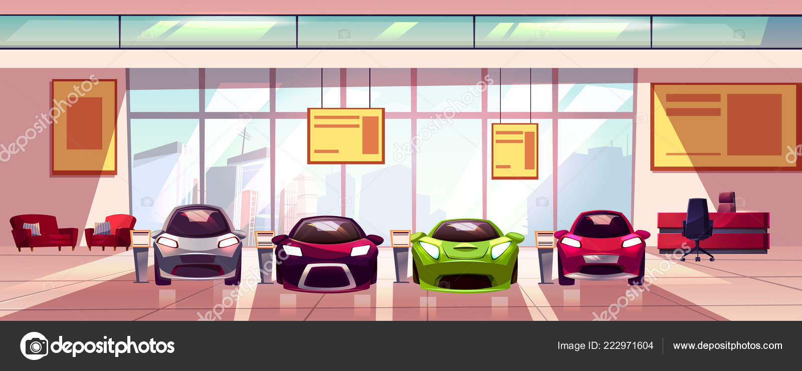 Vector car showroom background. Auto dealership showcase. — Stock ...