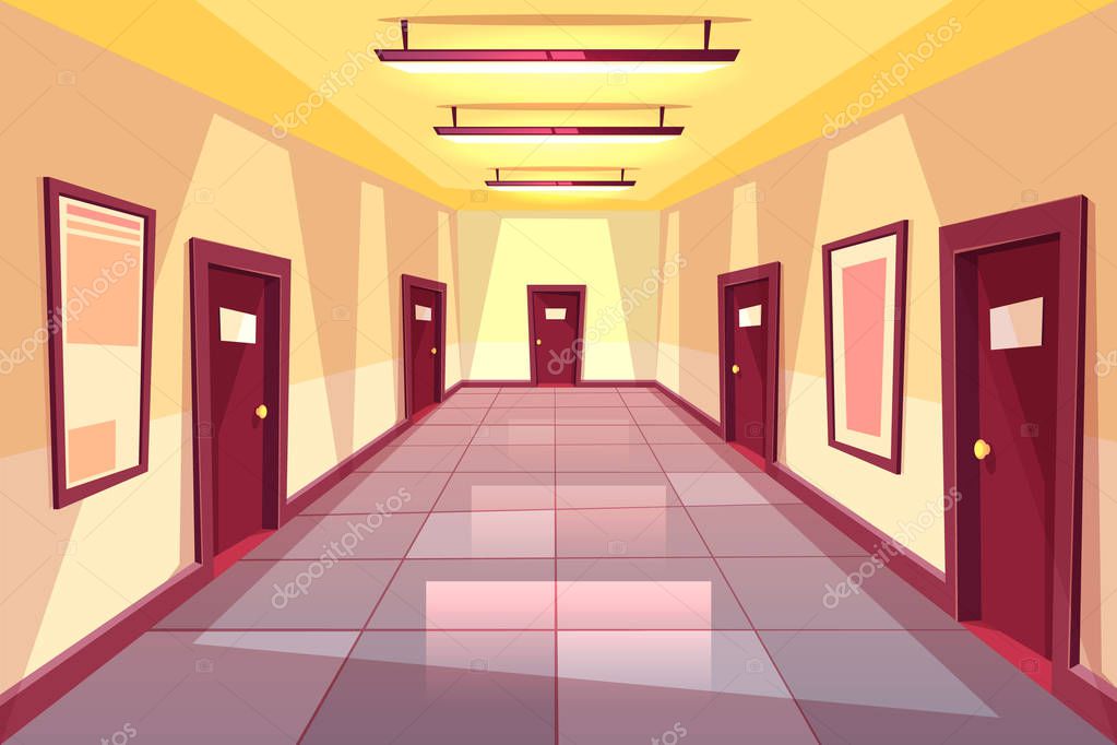 Vector pasillo de dibujos animados, pasillo con muchas puertas 2025