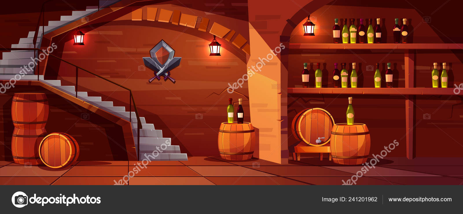 Bodega vectorial con barricas de madera, botellas Vector de stock por ...