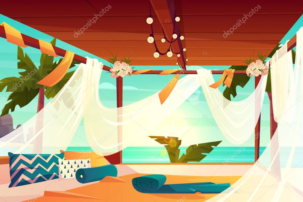 Hotel terraza en la playa tropical vector de dibujos animados 2023