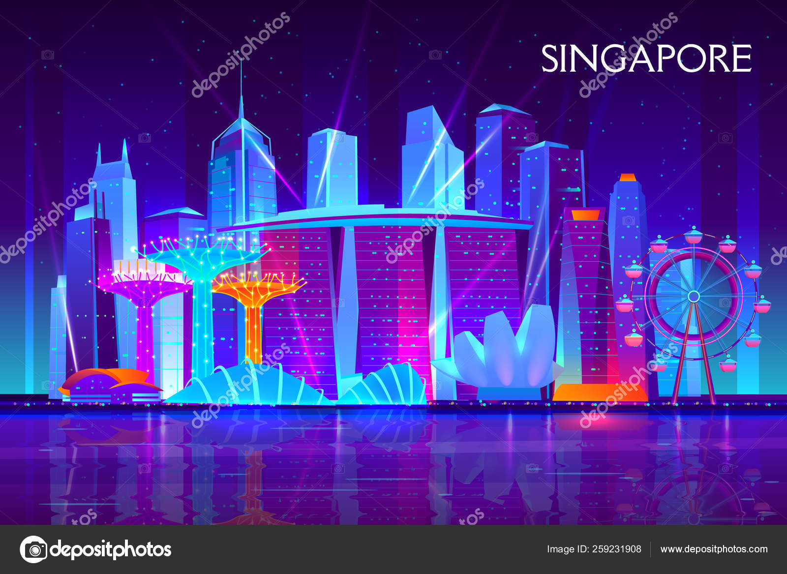 Singapore night cityscape neon vector background Stock Vector Image by ...