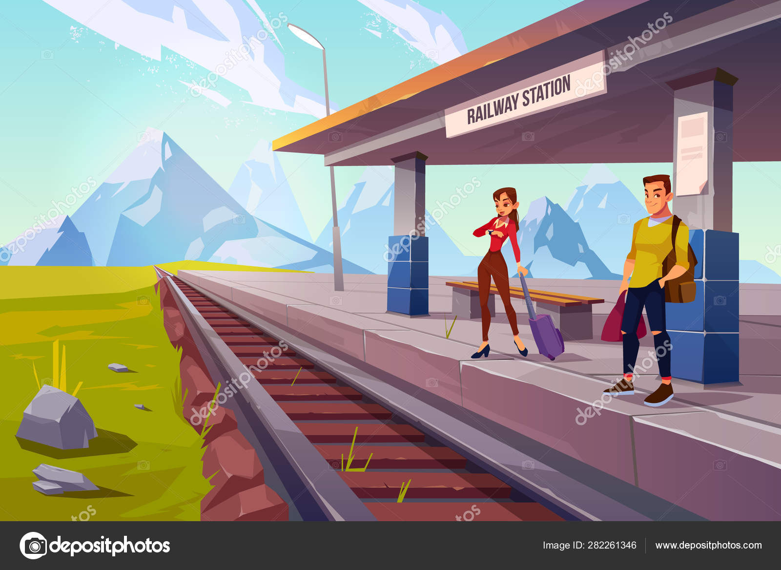 Gente esperando tren en la plataforma del ferrocarril, ferrocarril Vector de stock #282261346 de ...