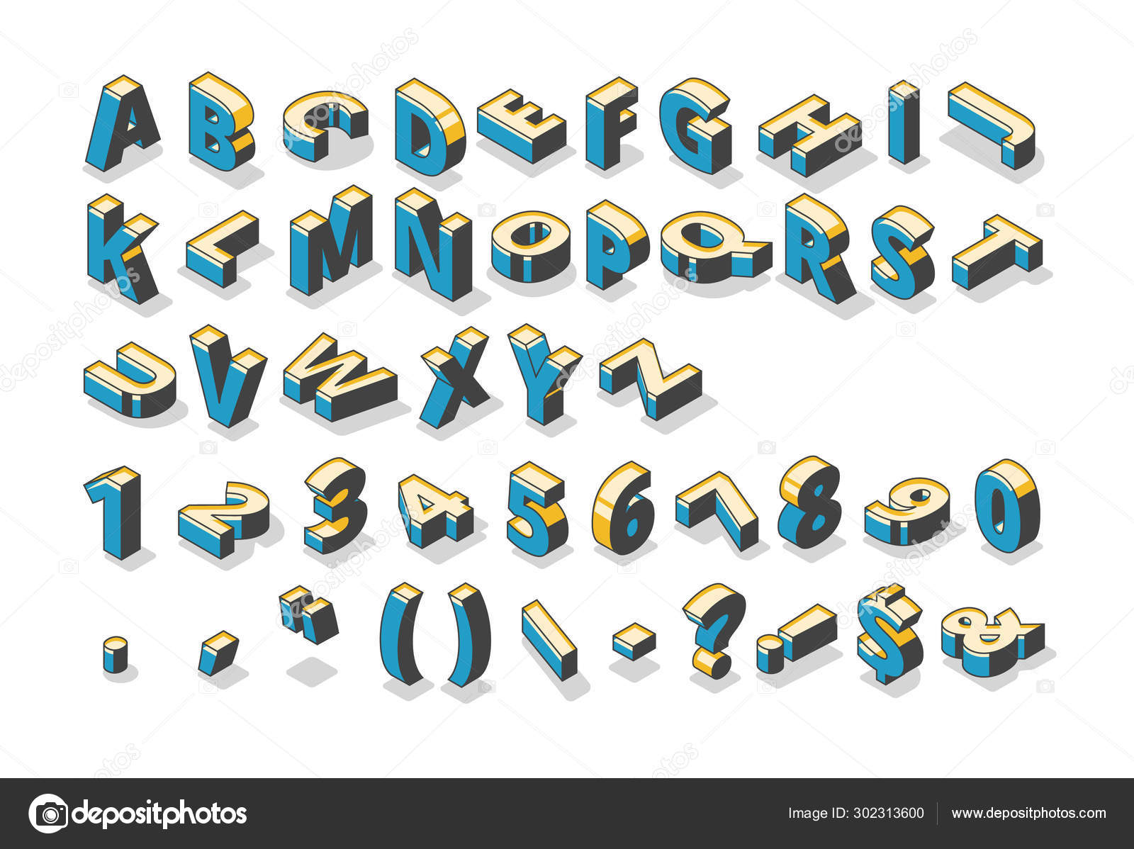 Isometric Alphabet Numbers And Punctuation Marks — Stock Vector