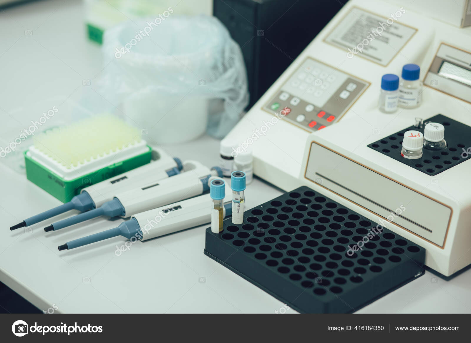 White Table Surface Three Automatic Pipette Dispensers Placed Test Tube ...