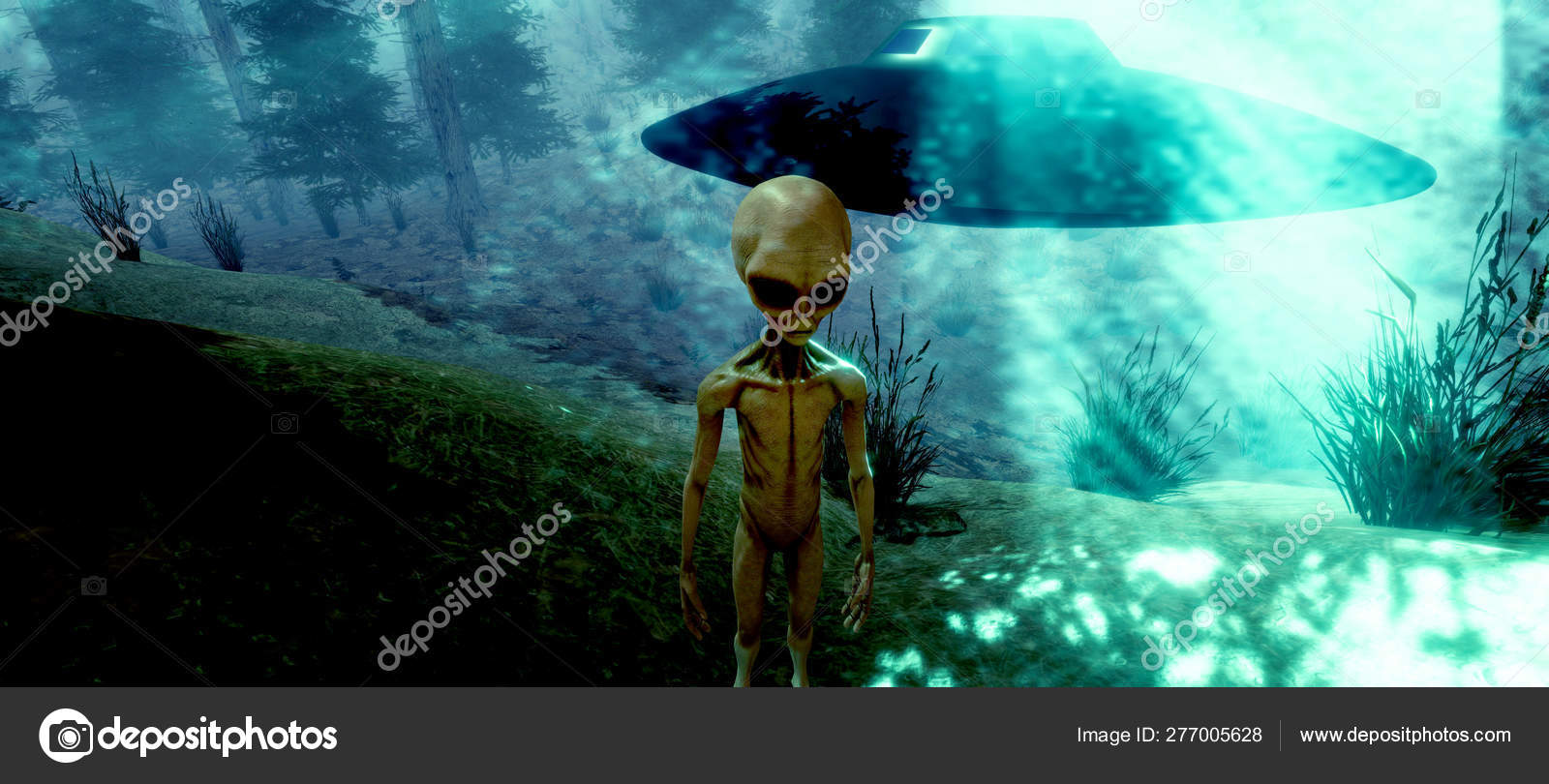 Extremely detailed and realistic high resolution 3d illustration of a Grey Alien standing in a ...