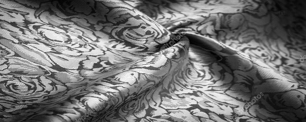 patrón de relieve, textil compuesto, tela de seda en blanco y negro ...