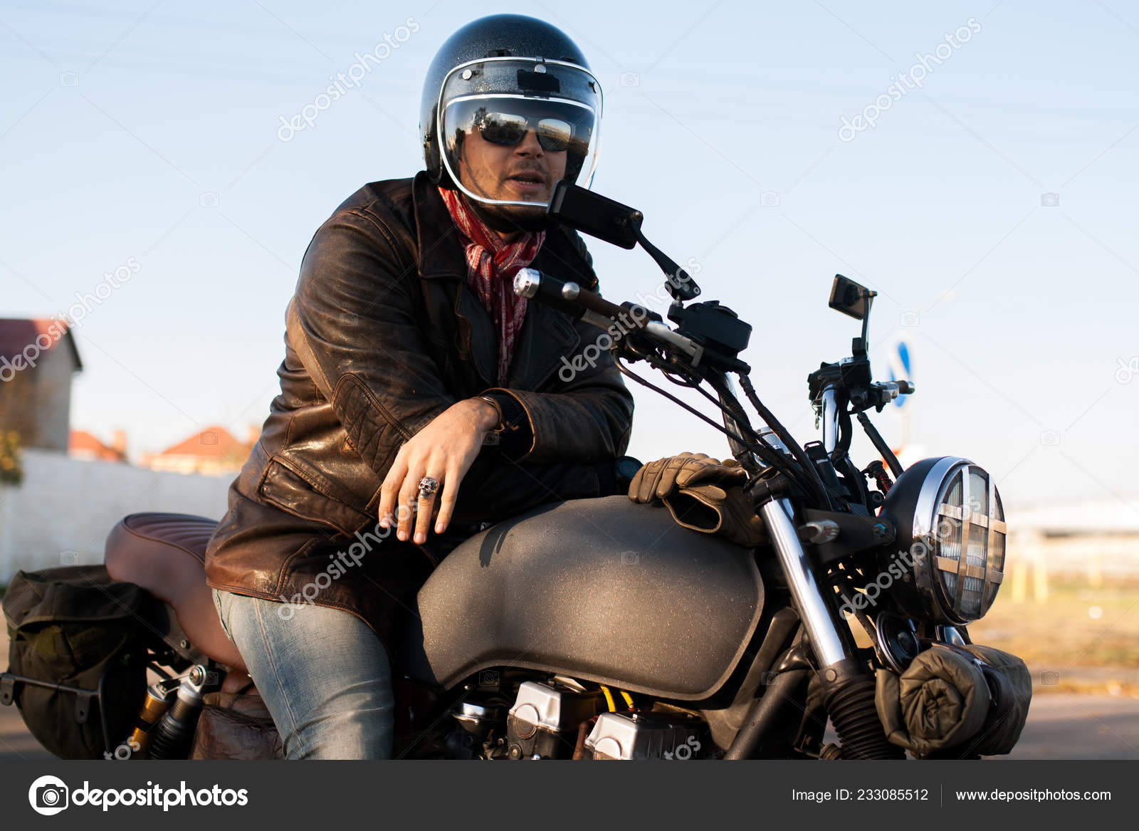 Man Old Custom Cafe Racer Motorcycle Forest Sunset Stock Photo by ...