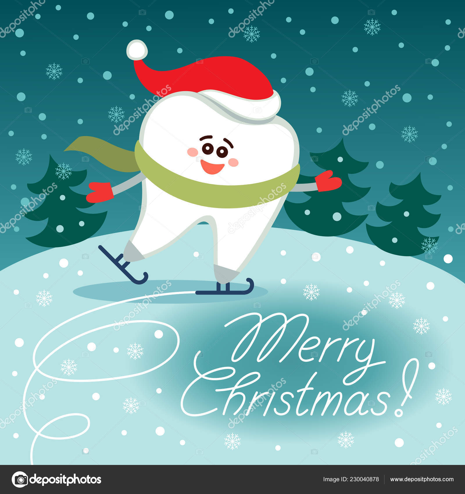 Skating Cartoon Tooth Santa Hat Scarf Night Background Green Trees ...