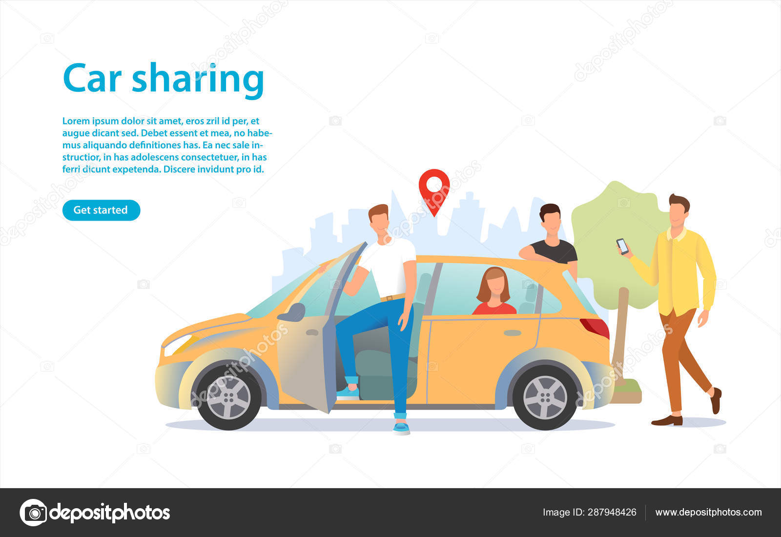 Car sharing illustration. A group of people near the car. — Stock ...