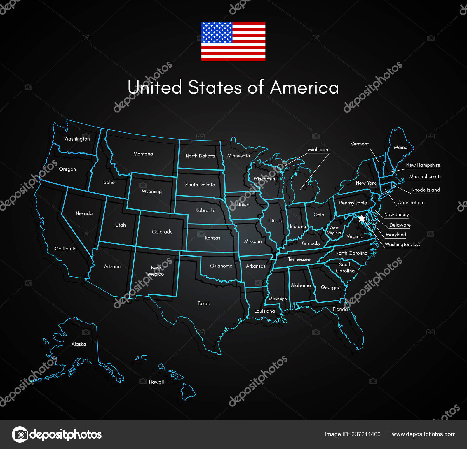 Us Map Black Background Usa Map With State Names And Shadow For Tshirt