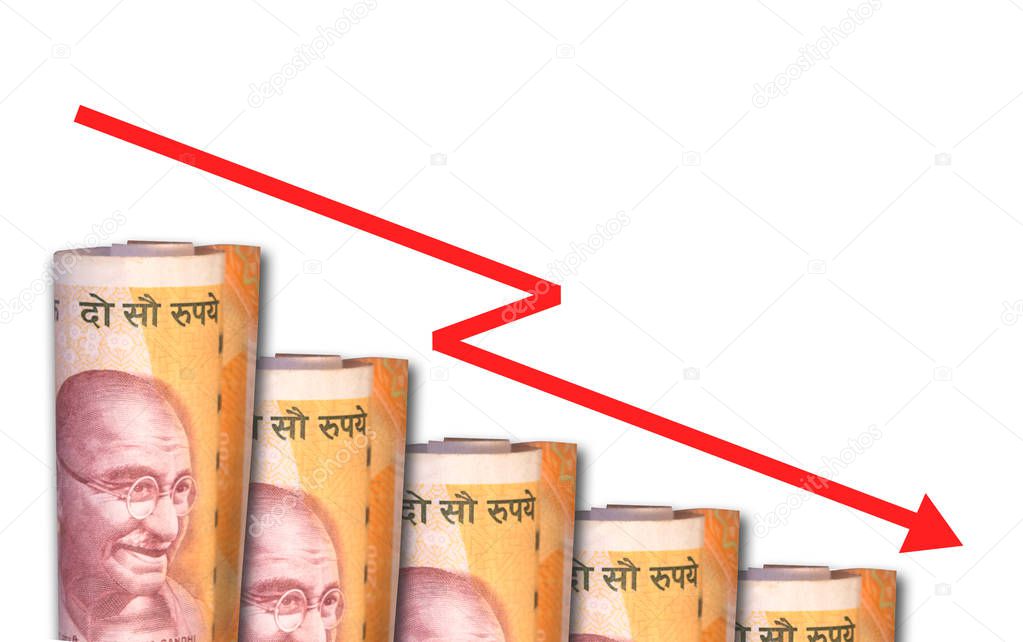 Un billete de dinero que parece un gráfico en declive con una flecha ...