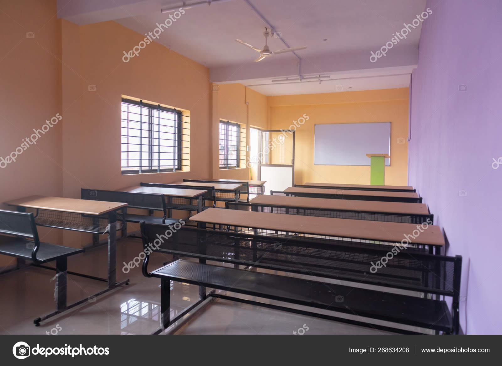 Empty class room and desks with colorful walls Stock Photo by ...