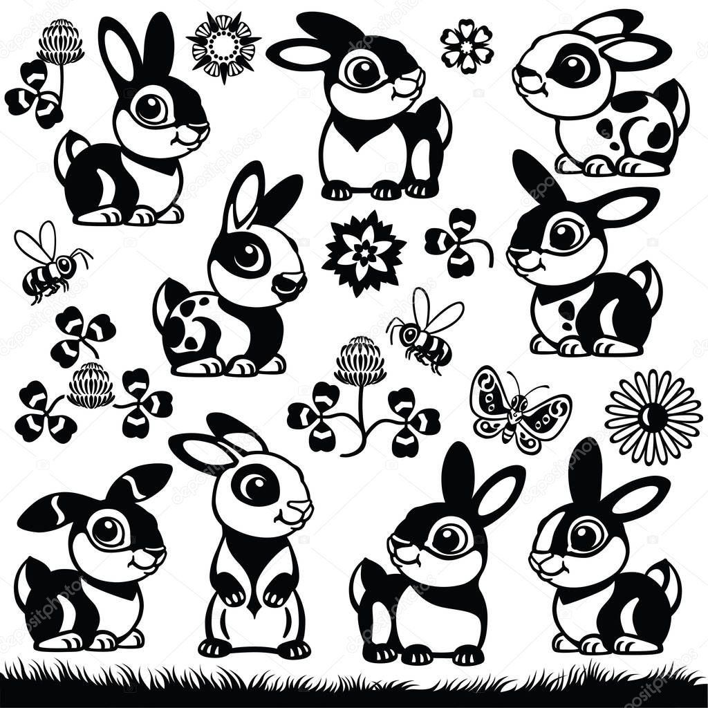 conjunto de conejo de dibujos animados conejo. Colecci n en blanco y negro de ilustraciones ...